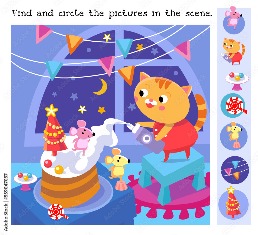Find and circle objects. Educational puzzle game for children. Cute ...