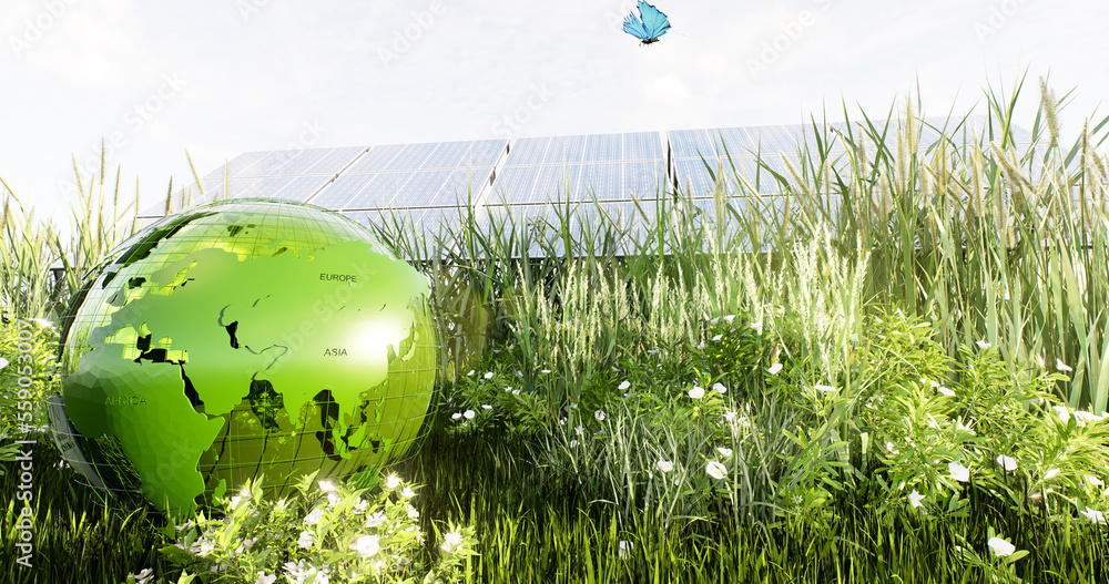 3d rendering illustration green globe eco and solar cells grid blue ...