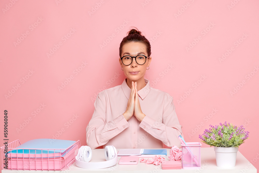 Portrtrait of hopeless young brunette female office worker keeps palms ...