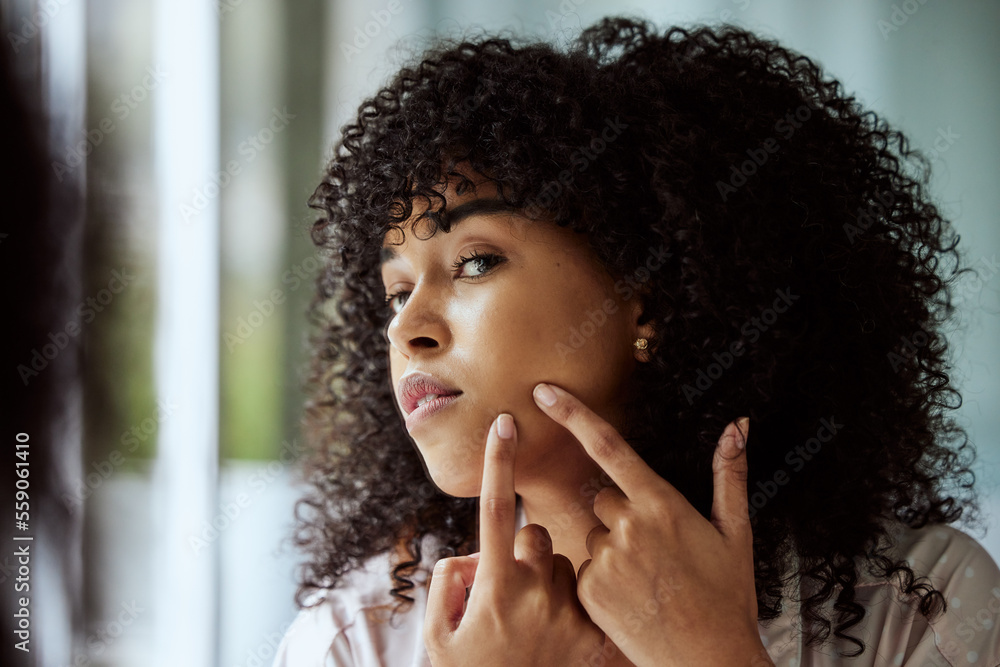 Black woman, mirror and facial pimple cleaning for beauty hygiene ...