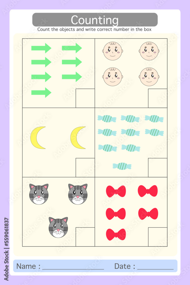Worksheet matching objects to the numerals. count the objects and write correct number in the ...
