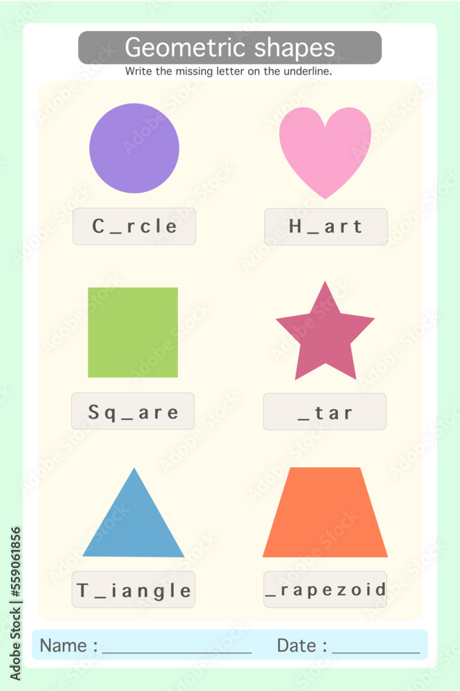 Worksheet 2D Colorful Geometric shapes.write the missing letter on the ...