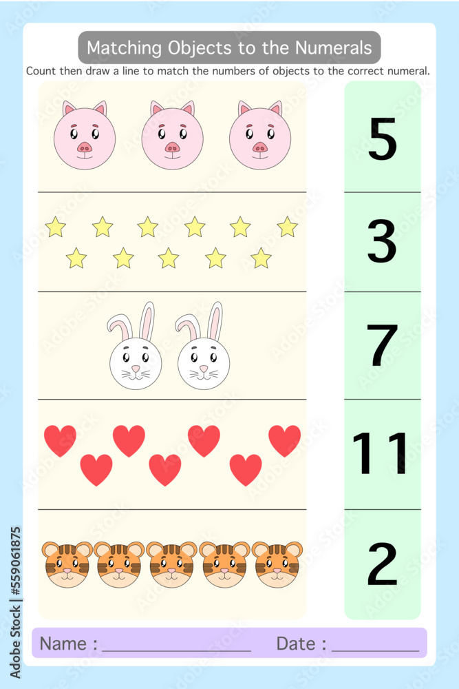 Worksheet matching objects to the numerals. count then draw a line to match the numbers objects ...