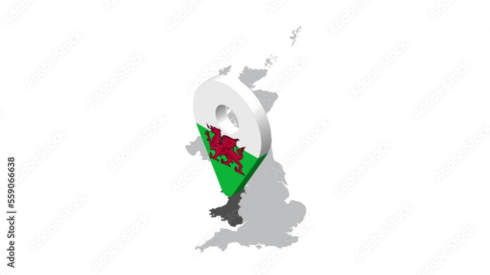 Location Wales on map United Kingdom. 3d Wales flag map marker location ...