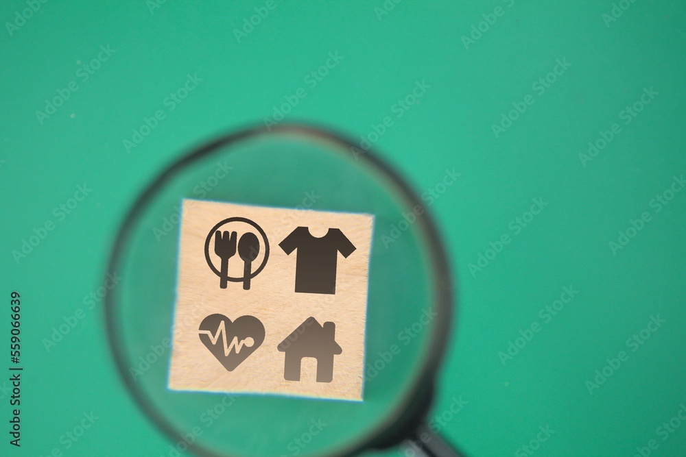 magnifying glass looking for icons of food, Clothing, housing, medicine ...