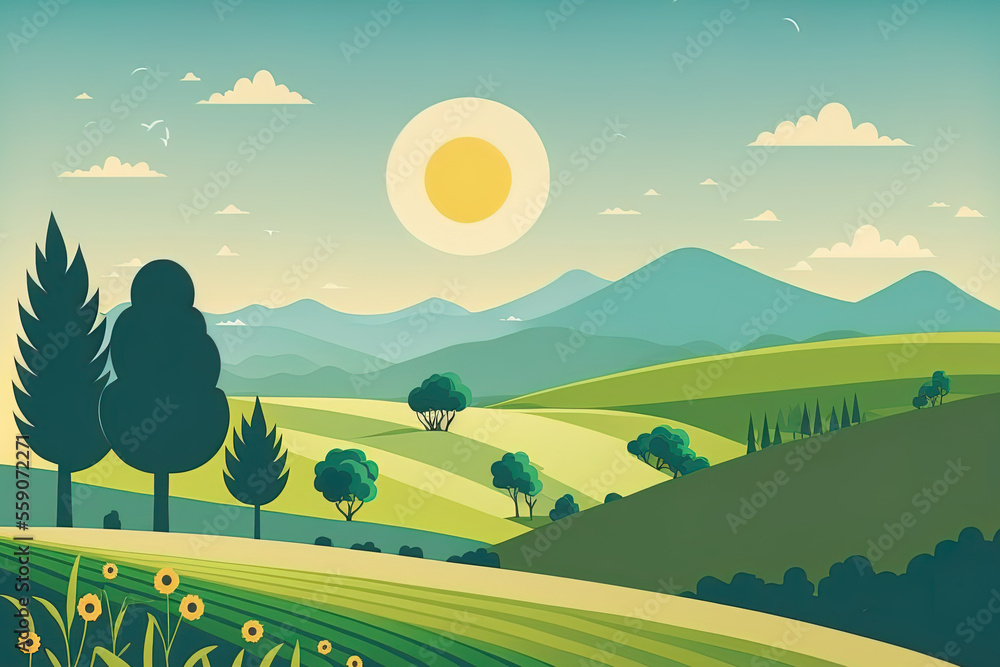 Beautiful summer fields landscape image with a morning, green hills ...