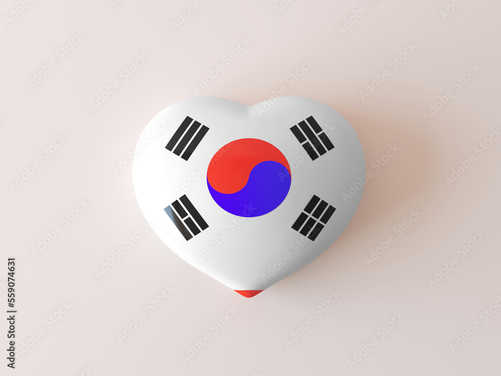 Heart symbol with south korea flag. Isolated on pastel background. 3d ...