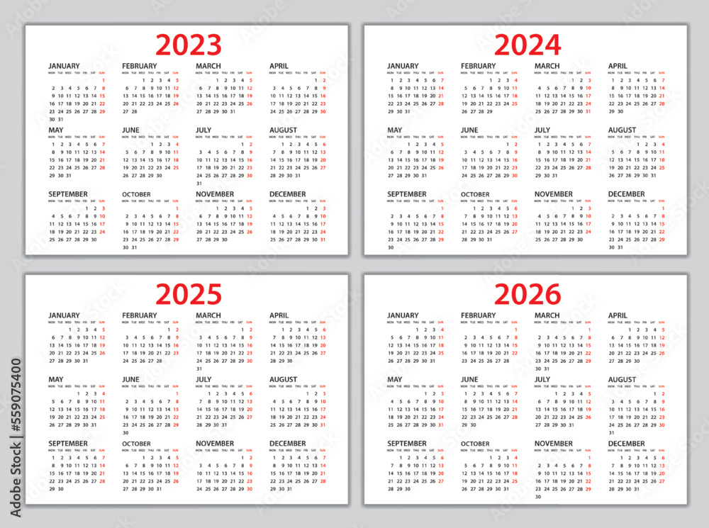 Calendar 2023, 2024, 2025, 2026 template, Planner 2023, 2024, 2025 ...