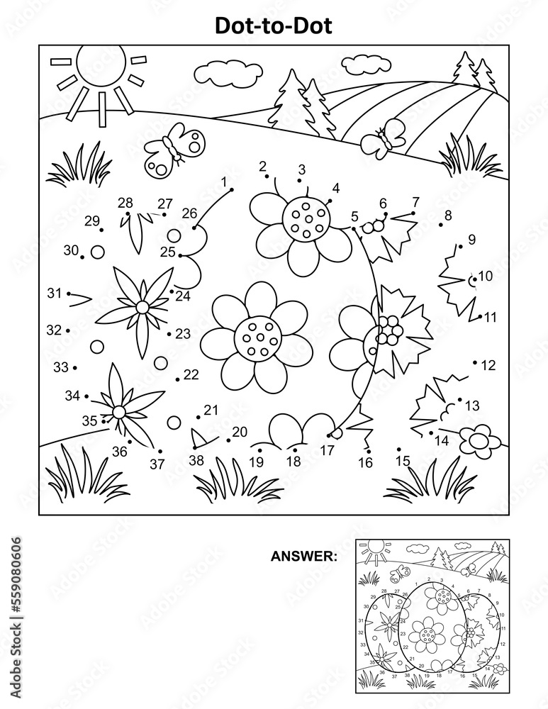 Easter dot-to-dot picture puzzle and coloring page with three painted ...
