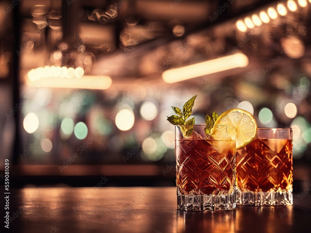 A variety of cocktails assortment served are placed on the counter bar ...