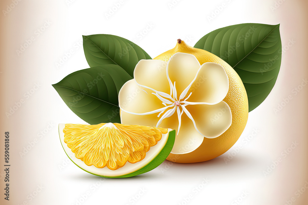 Isolated on a white backdrop are a yellow shaddock fruit with a leaf, a ...