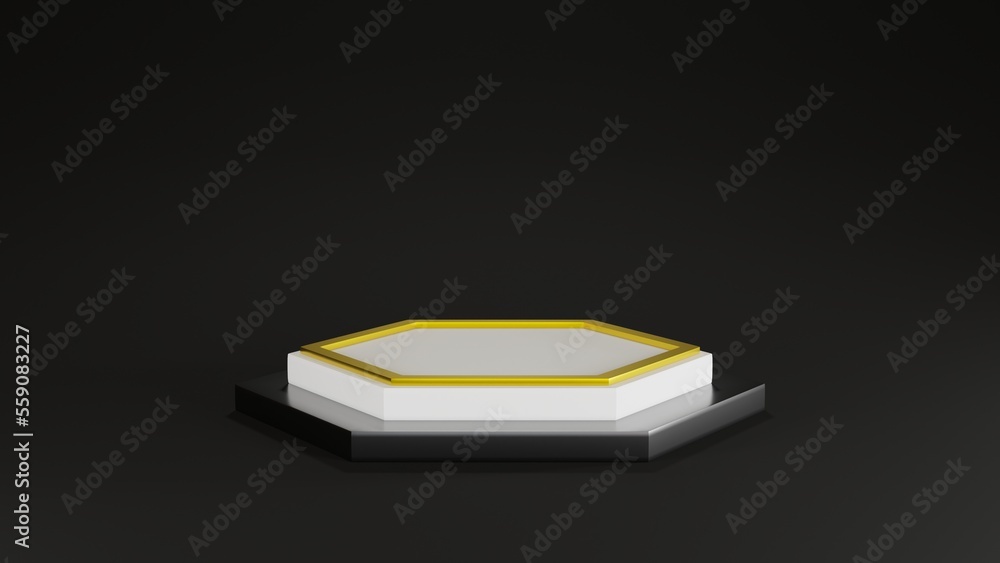 3D product display stand, 3 hexagonal shapes overlaid on a black ...