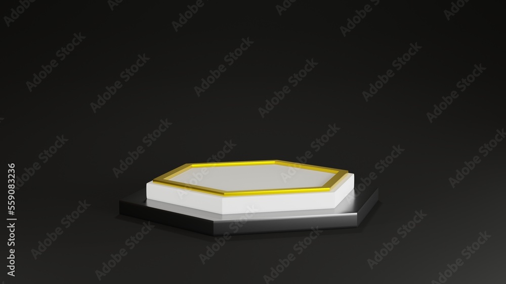 3D product display stand, 3 hexagonal shapes overlaid on a black ...