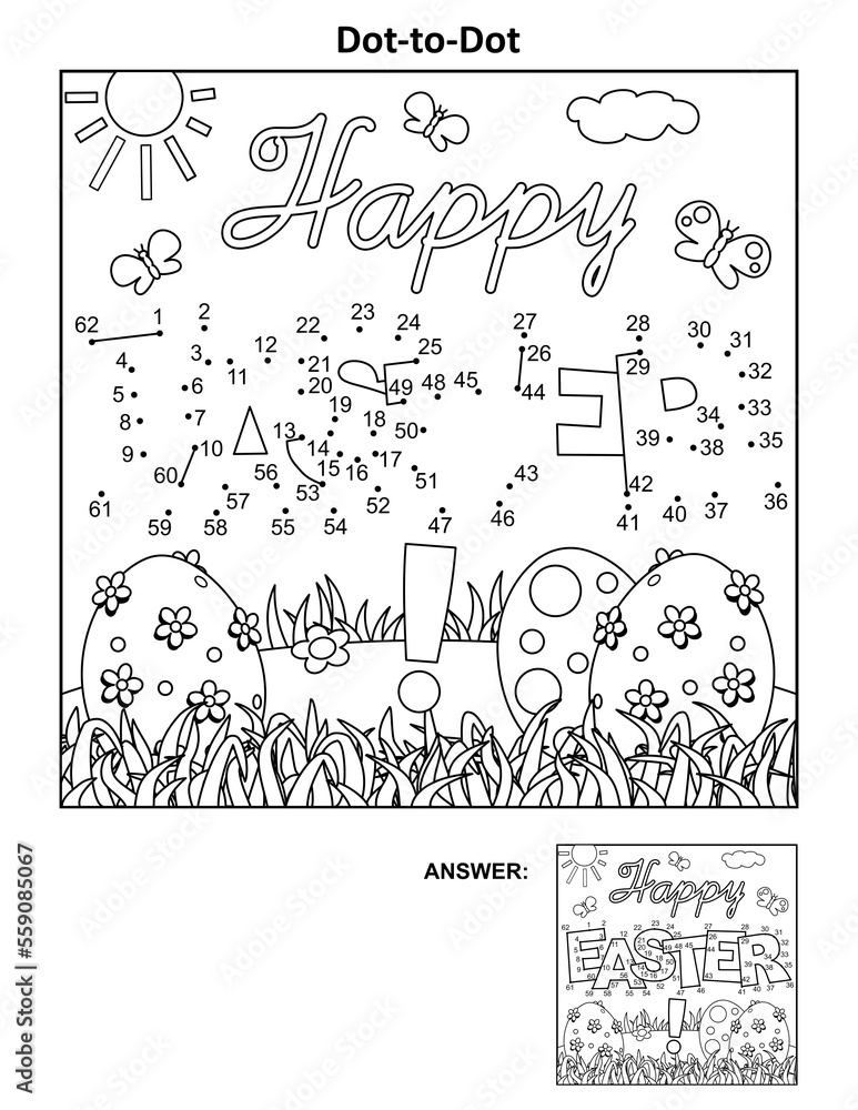 "Happy Easter!" greeting dot-to-dot picture puzzle and coloring page ...