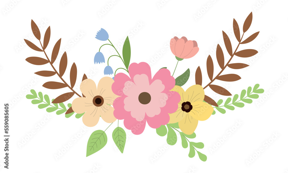 Cute floral bouquet with colorful flowers and leaves clipart. Vector ...