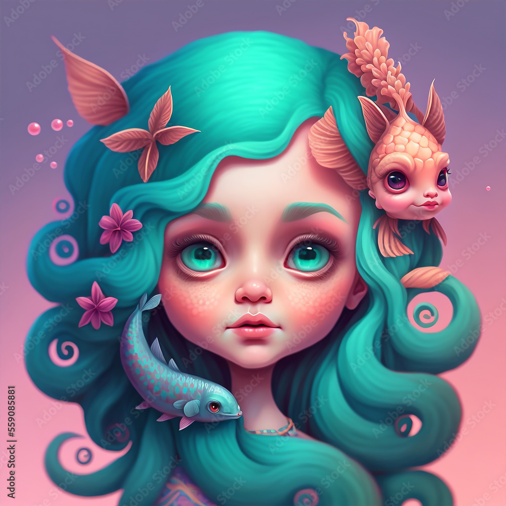 Illustration of a beautiful mermaid girl portrait with greenish hair ...
