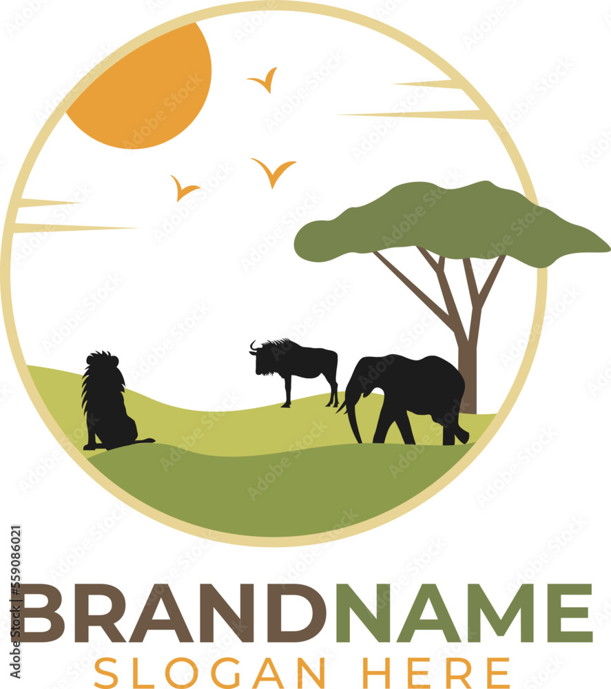 african acacia tree with lion silhouette for safari adventure logo ...