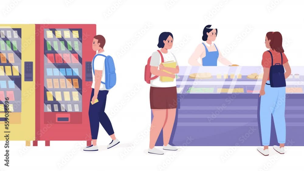 Animated buy food at school canteen. Tuck shop. Full body flat people ...