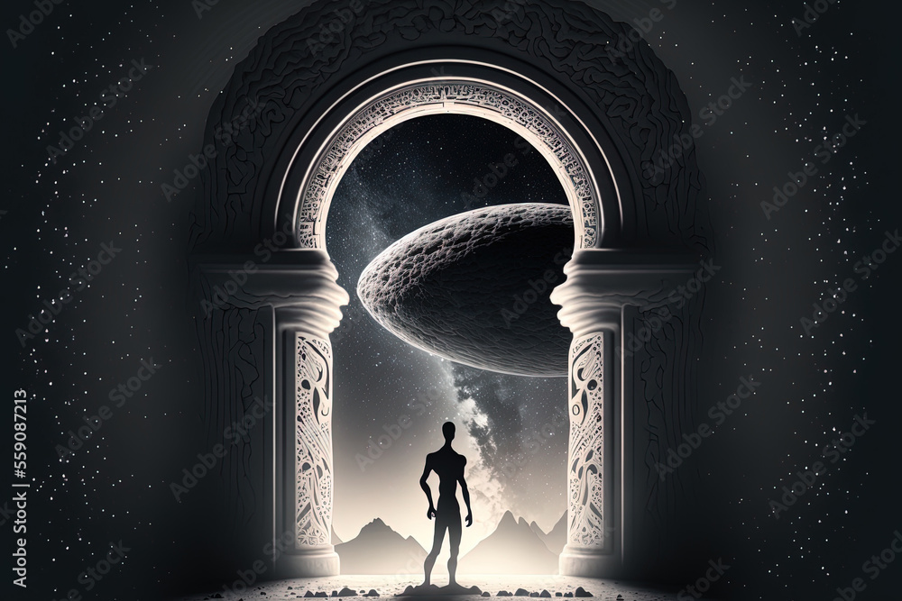 A stone space gate with an alien character person silhouette in front ...