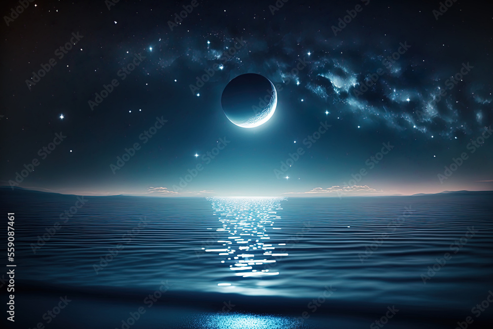 dark blue night with stars Starry sky with flares and the moon and ...