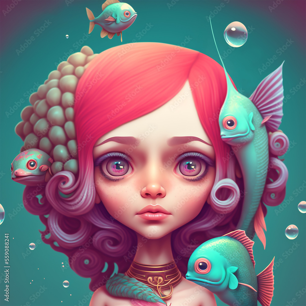 Illustration of a beautiful mermaid girl portrait with pink and purple ...