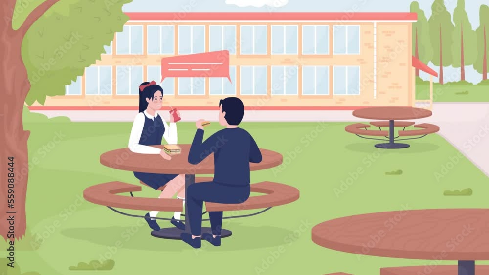 Animated school lunch outdoors. Girl and boy eating together outside ...