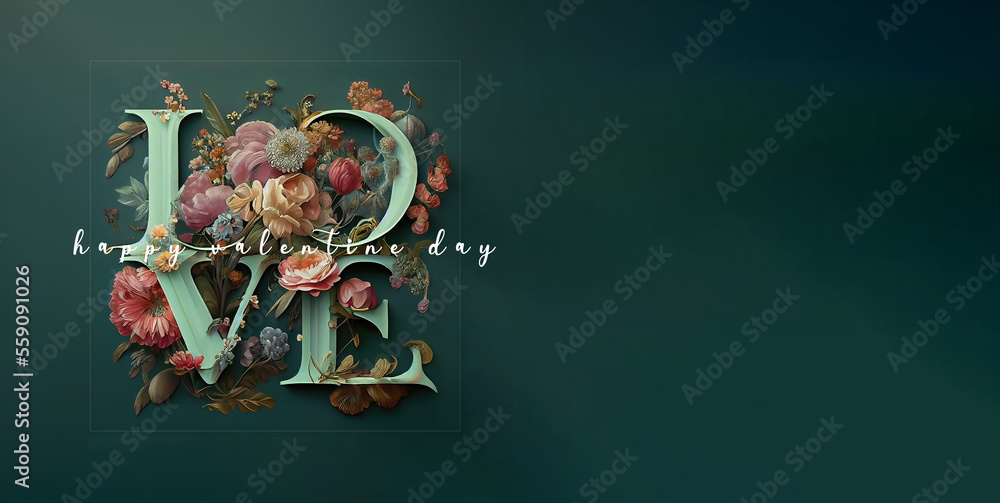 Word LOVE in roco style. Flowers wrap around each letter. On an ...
