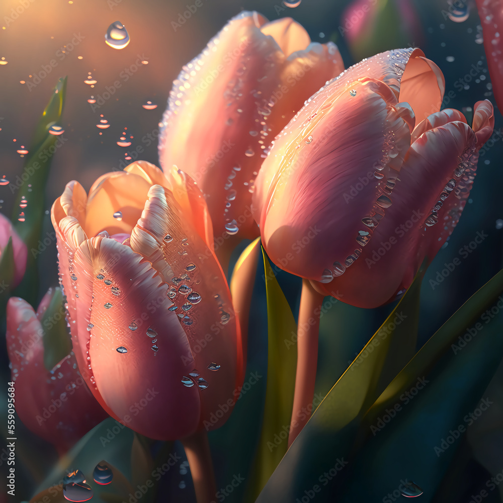 Background concept of spring roses and raindrops, texture seamless ...
