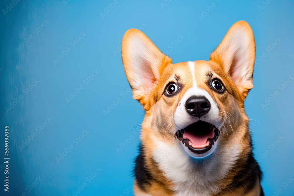 On a blue backdrop, a funny studio photograph of a scared corgi puppy ...