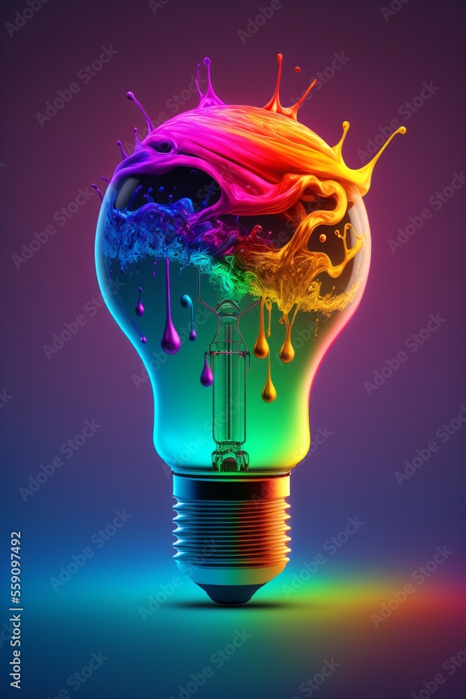 a colorful glowing idea bulb lamp, visualization of brainstorming ...