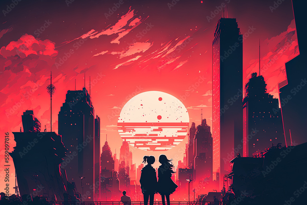 Abstract, anime, manga, and digital art artwork of a metropolis at dawn ...