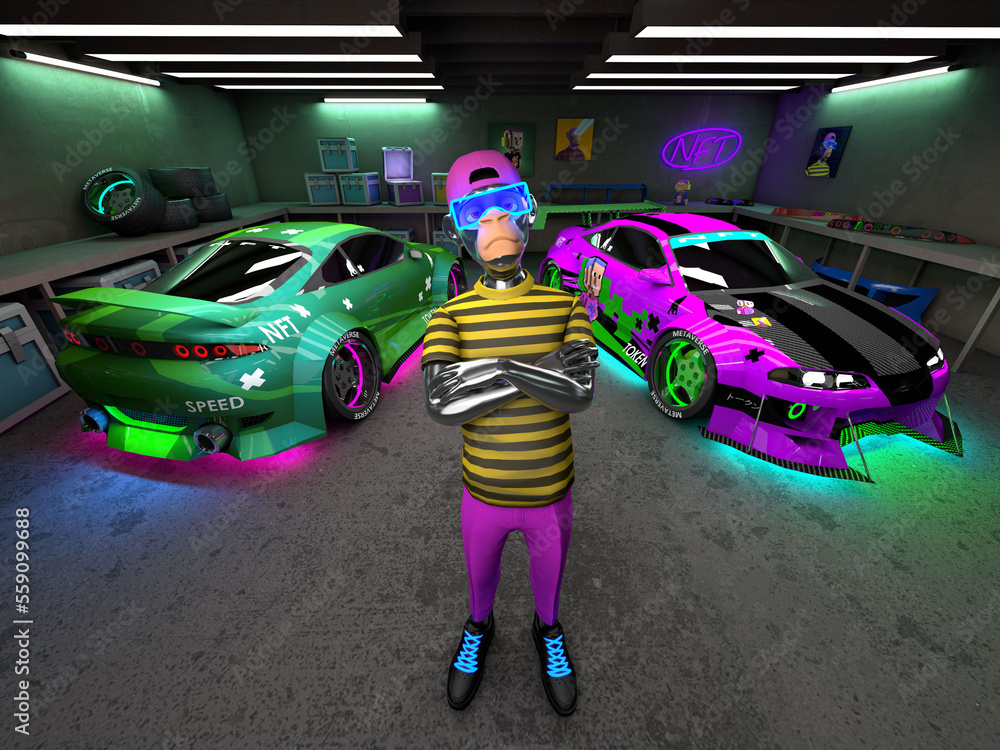 NFT Ape avatar pic with tuned car on background. NFT 3d bored ape with ...