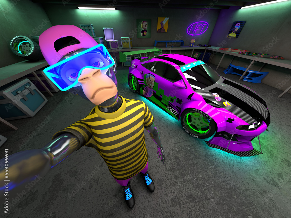Selfie of NFT Ape avatar with tuned car on background. NFT 3d bored ape ...
