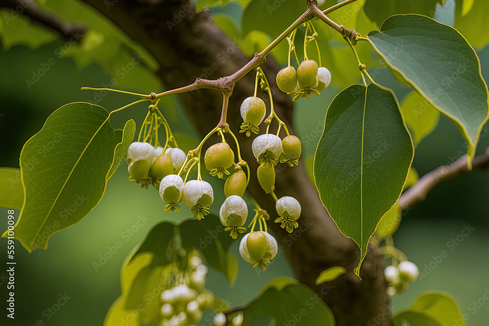 Japanese Snowbell Tree (Styrax japonicus) Summer Fruit and Foliage in a ...