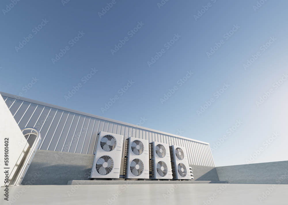 3d rendering of condenser unit or compressor on rooftop of industrial ...