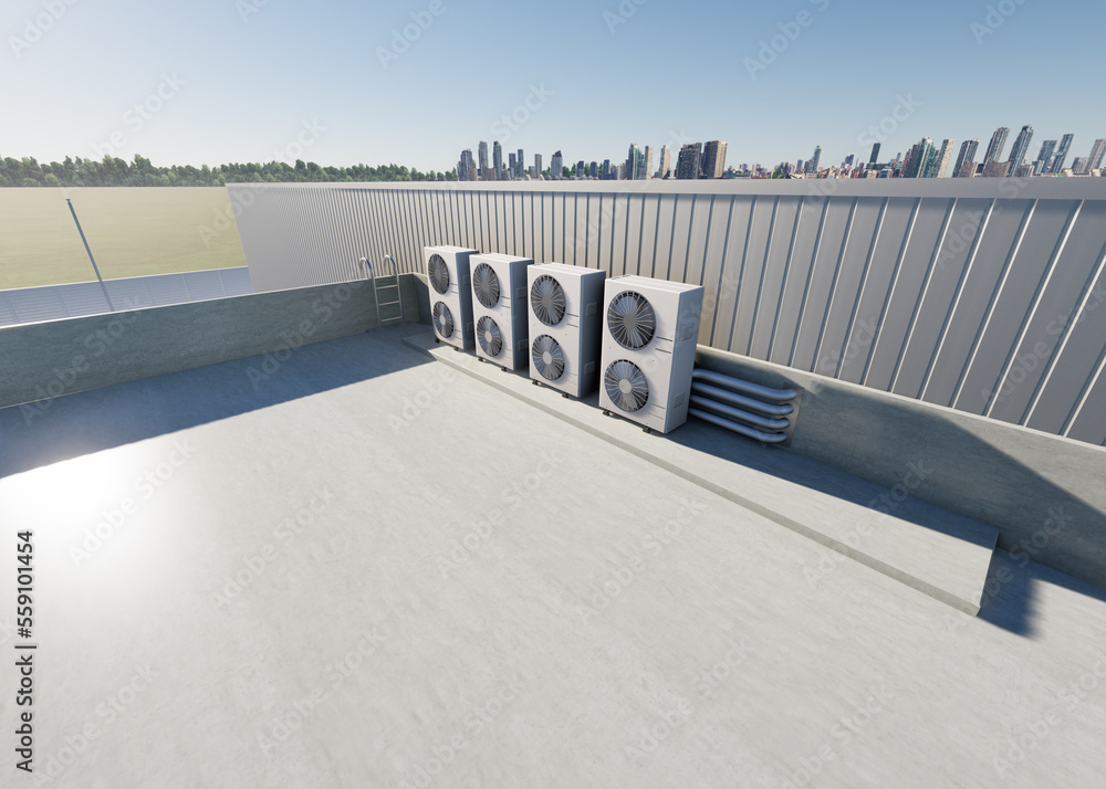3d rendering of condenser unit or compressor on rooftop of industrial ...
