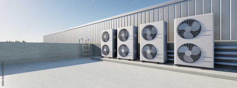 3d rendering of condenser unit or compressor on rooftop of industrial ...