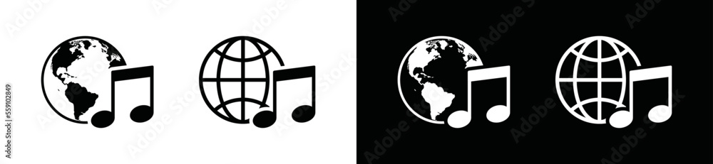 Music notes world icon. Earth Globe with musical notes signs. Global ...