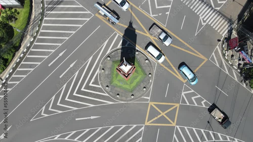 Bird view of traffic in Simpang Lima monument, an intersection in ...