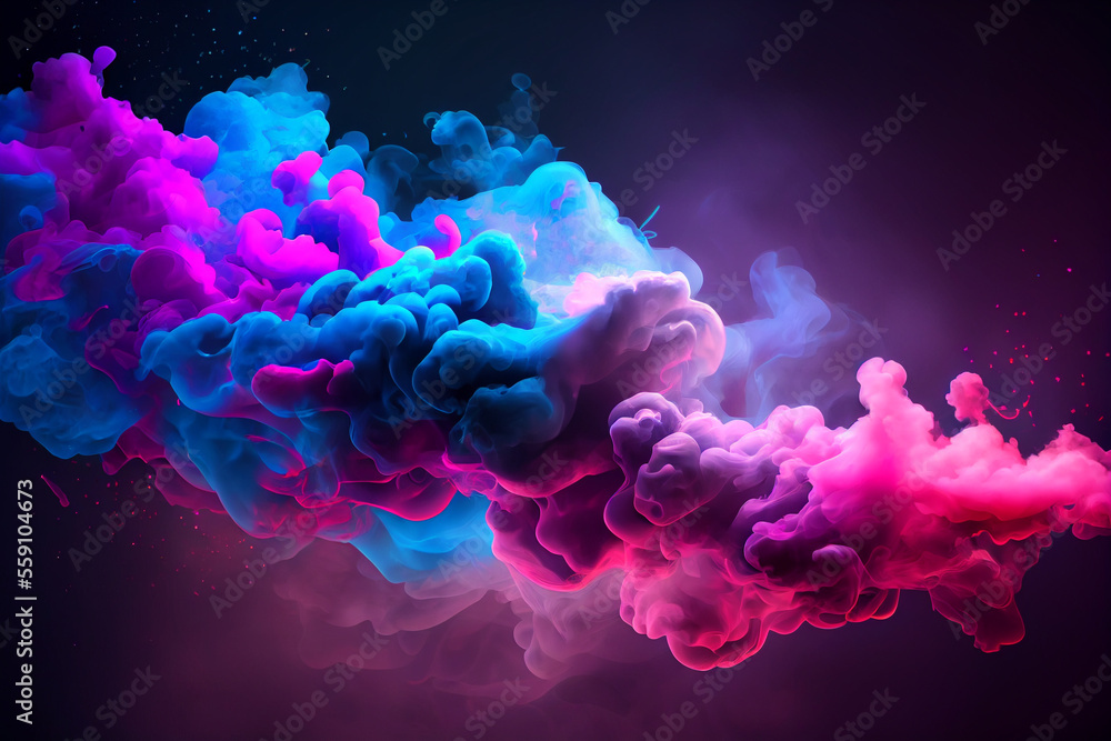 Neon blue and purple multicolored smoke puff cloud design elements on a ...
