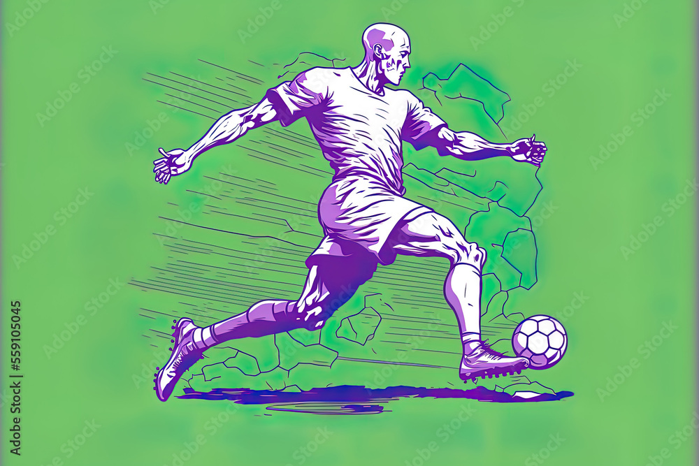 On a lavender backdrop, a footballer kicks the ball. Football, a flat ...