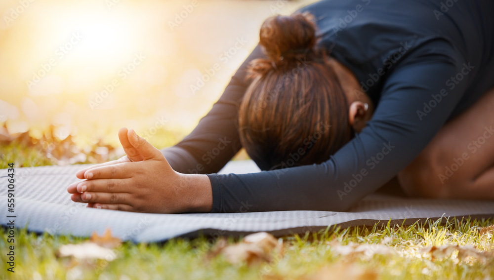 Yoga, prayer hands and woman stretching at park for health, wellness ...