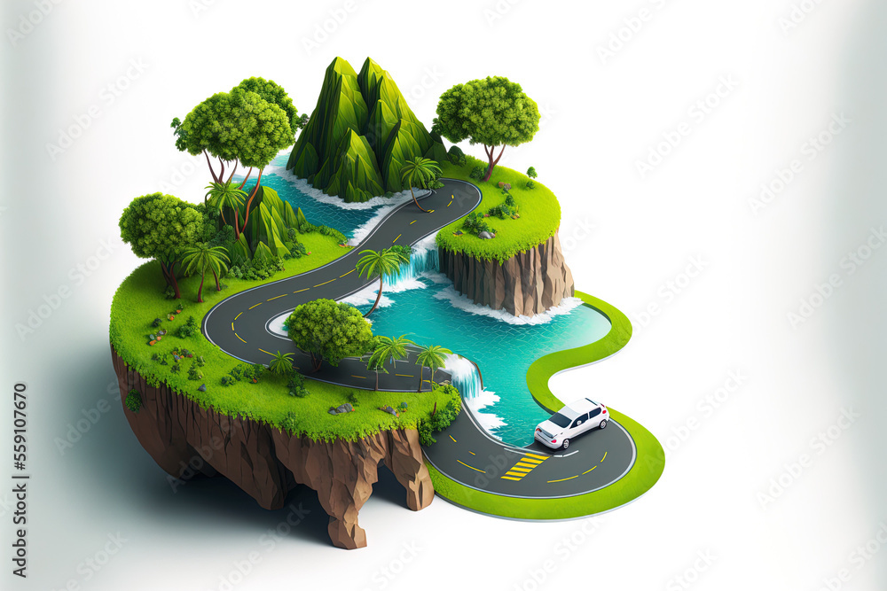 Tropical island and floating road drawing. Beautifully remote area of ...