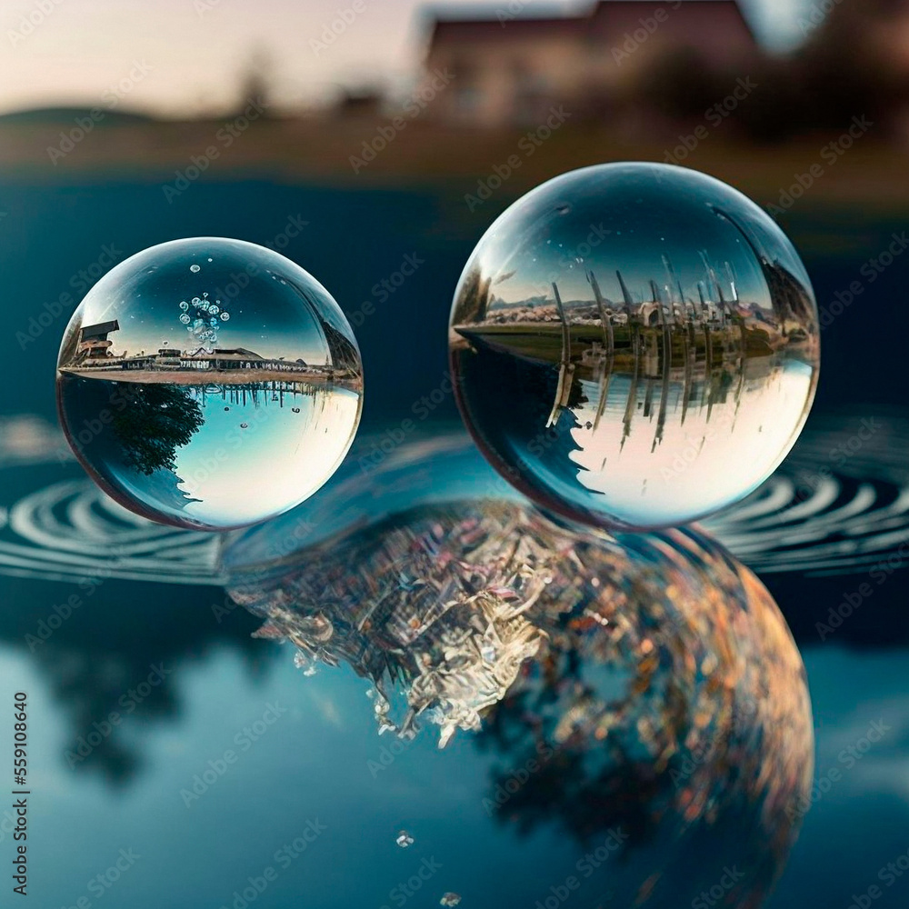 Transparent water spheres against a stunning backdrop of mountains and ...