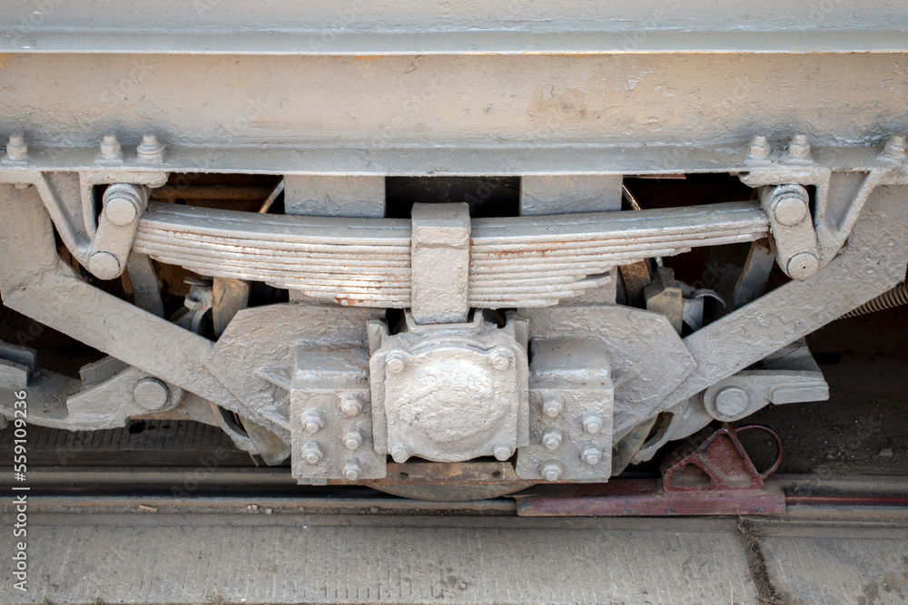 View of the sprung wheel of a rail vehicle. Rigid design of the cart ...