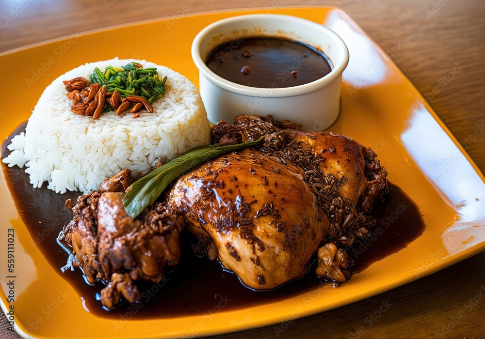 illustration of Filipino traditional dish, Chicken Adobo serve with ...