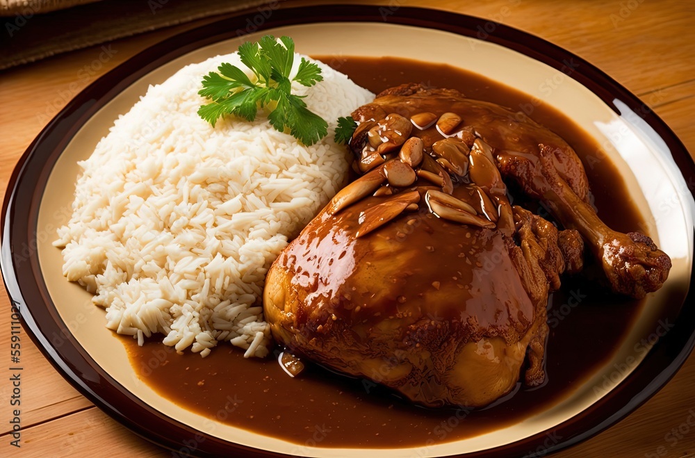 illustration of Filipino traditional dish, Chicken Adobo serve with ...