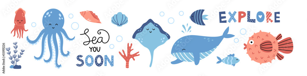 Poster Vector marine set with friendly sea animals in flat design ...