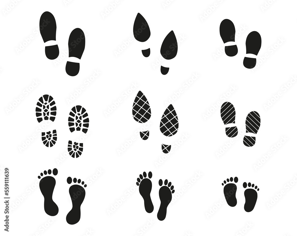 Human footprints collection. Human walking and shoe sole feet footsteps ...