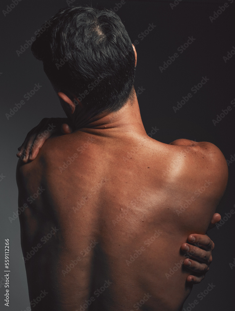 Hug, self love and back of a man with creative aesthetic, self ...